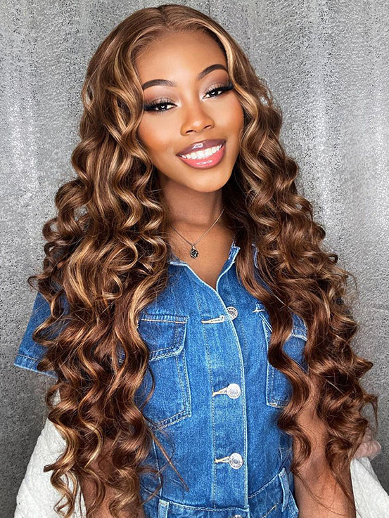 Highlight 6x4 HD Glueless Lace Closure Wand Curl Honey Blonde Wear & G ...